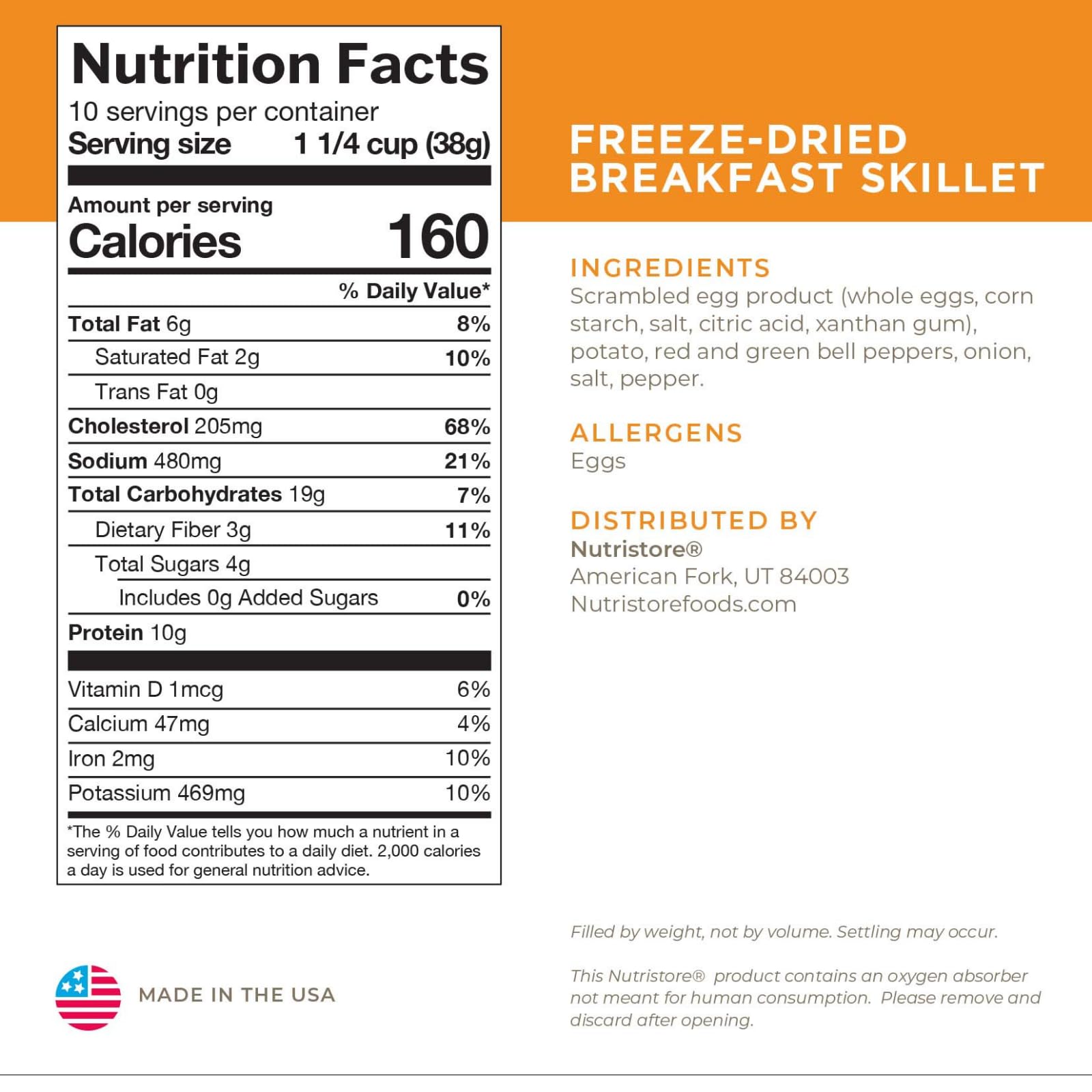 Nutristore Freeze-Dried Breakfast Skillet | Emergency Survival Bulk Food Storage Meal | Perfect for Everyday Quick Meals and Long-Term Storage | 25 Year Shelf Life | USDA Inspected (1-Pack)