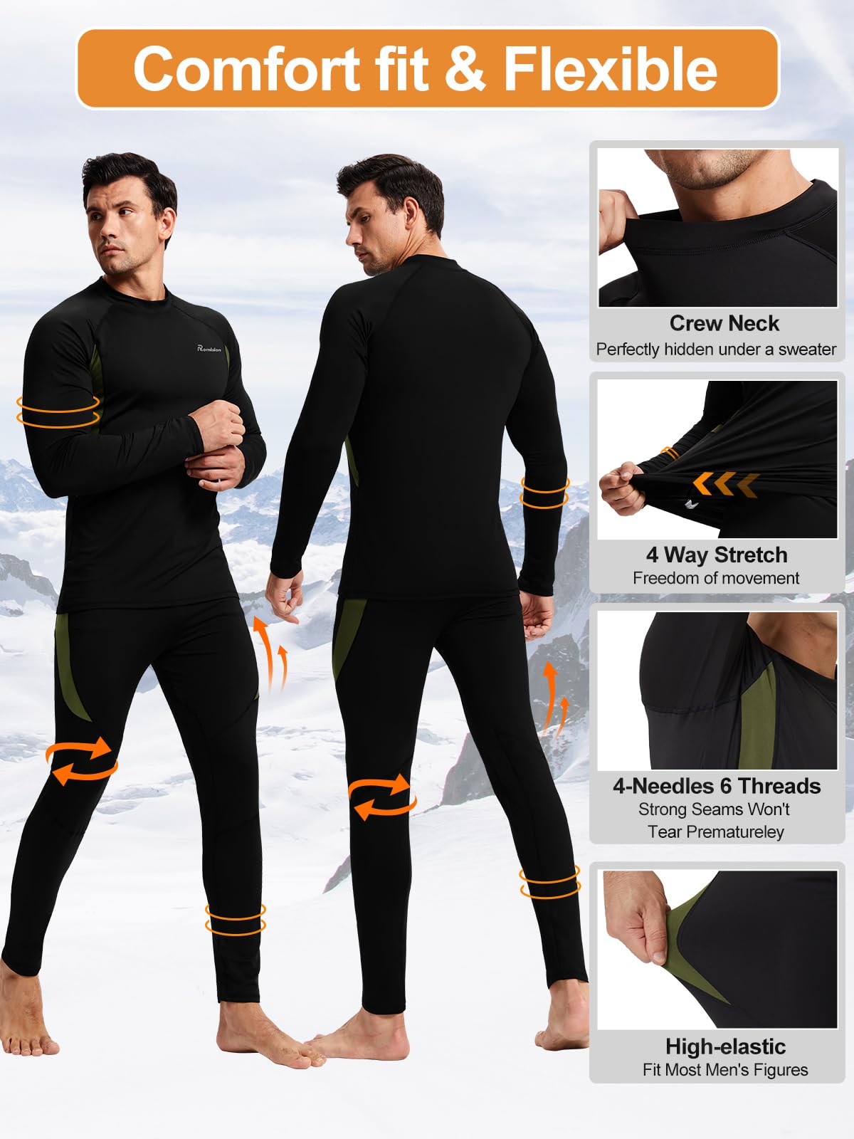 romision Thermal Underwear for Men- Fleece Lined Long Johns Winter Hunting Gear Base Layer Top & Bottom Set for Cold Weather A-Black