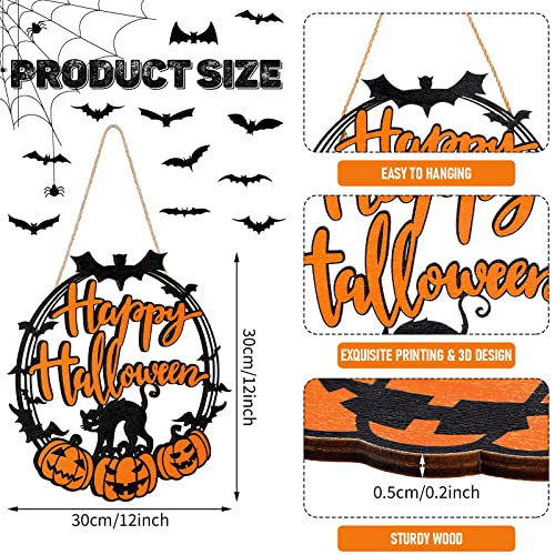 Bucherry Black Cat Pumpkin Hanging Sign Happy Halloween Front Door Welcome Sign Wall Decor Wall Plaque for Halloween Party