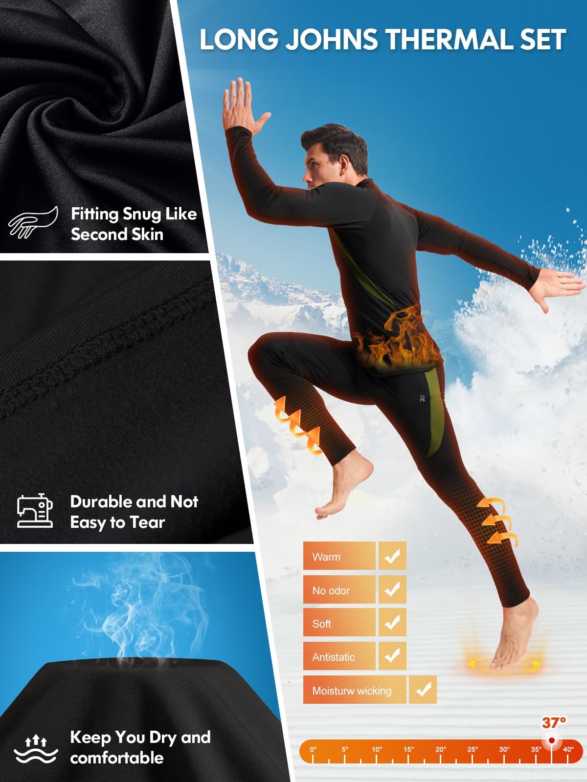 romision Thermal Underwear for Men- Fleece Lined Long Johns Winter Hunting Gear Base Layer Top & Bottom Set for Cold Weather A-Black