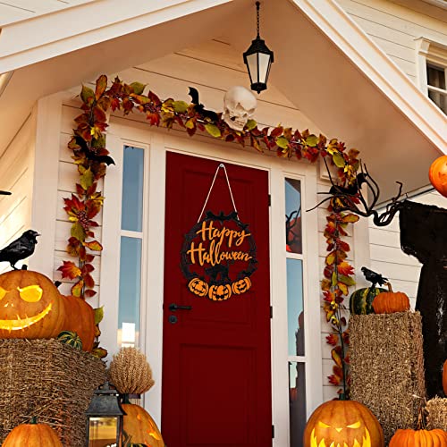 Bucherry Black Cat Pumpkin Hanging Sign Happy Halloween Front Door Welcome Sign Wall Decor Wall Plaque for Halloween Party