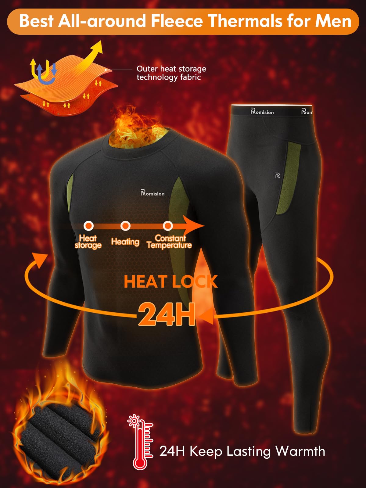 romision Thermal Underwear for Men- Fleece Lined Long Johns Winter Hunting Gear Base Layer Top & Bottom Set for Cold Weather A-Black