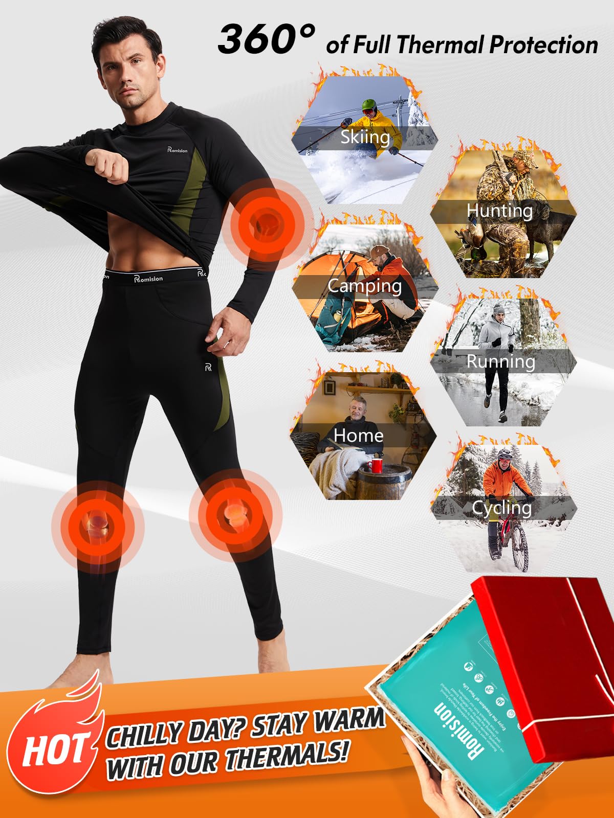 romision Thermal Underwear for Men- Fleece Lined Long Johns Winter Hunting Gear Base Layer Top & Bottom Set for Cold Weather A-Black