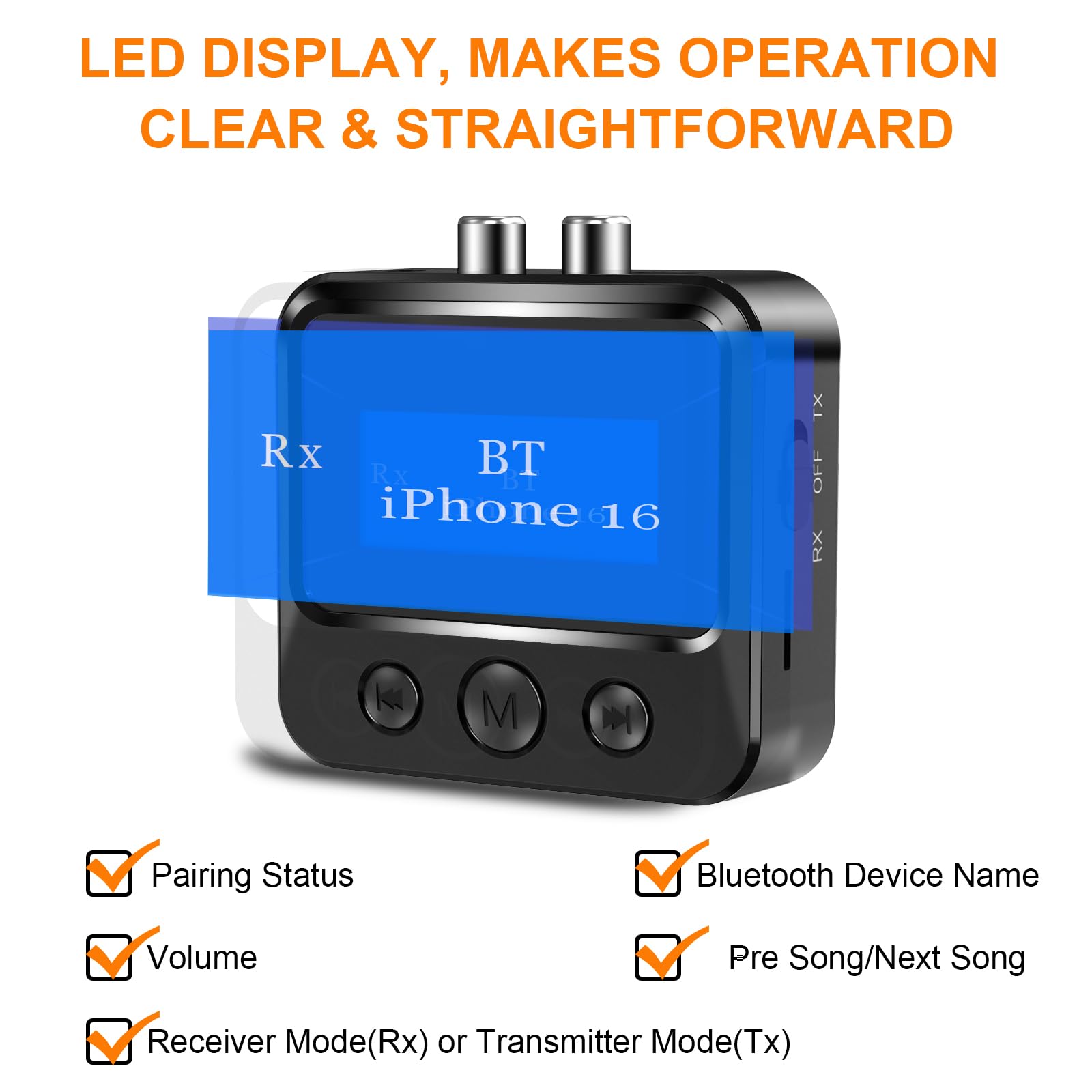 Bluetooth Transmitter Receiver for TV, Bluetooth Audio Adapter for Home Stereo with RCA 3.5mm AUX & Display, Bluetooth Transmitter for Headphones/Speakers/Airplane/Home Theater/PC/Car, TF Card Output