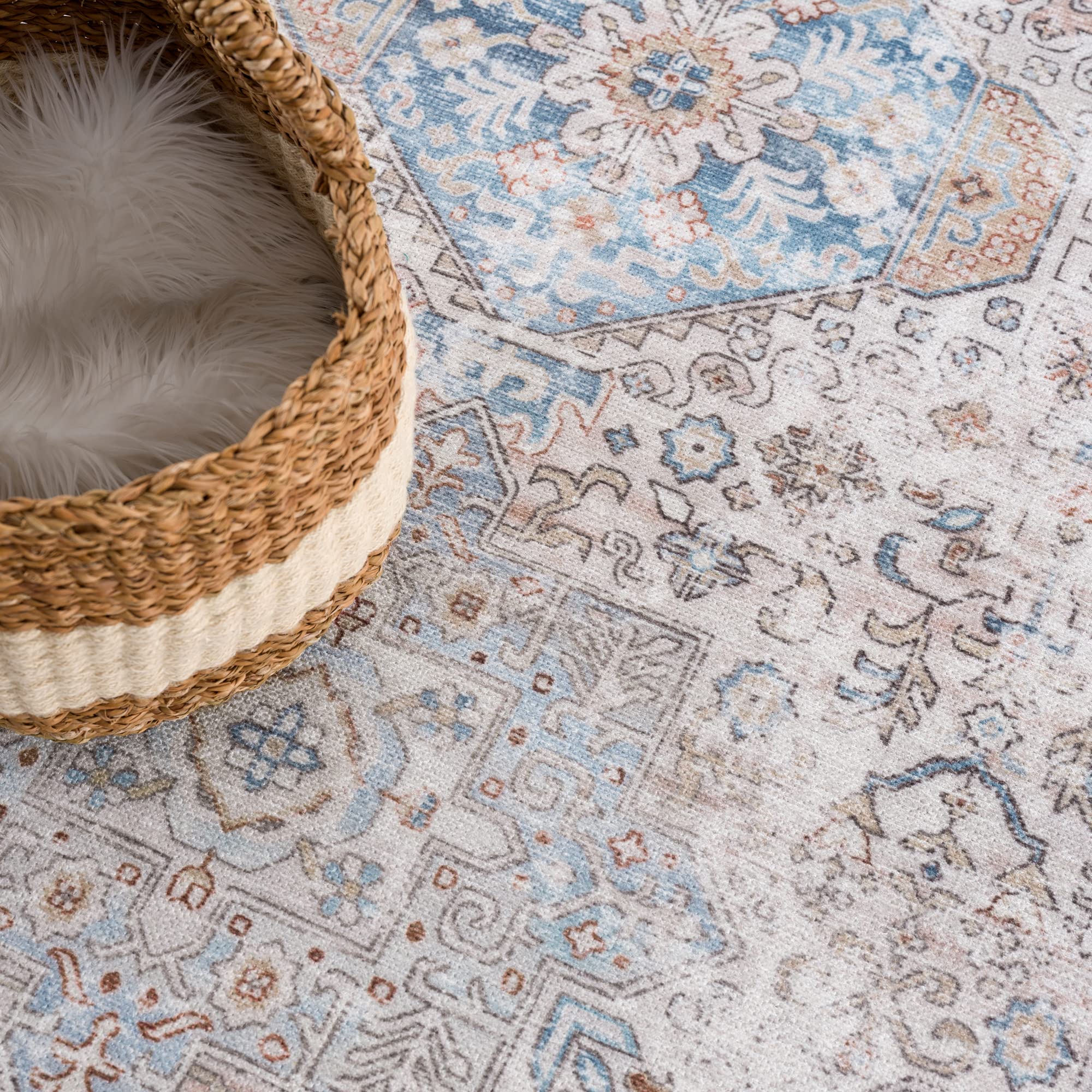 Bloom Rugs Caria Washable Non-Slip 12 ft Runner - Beige/Ocean Blue Traditional Runner for Entryway, Hallway, Bathroom, and Kitchen - Exact Size: 2'6" x 12'