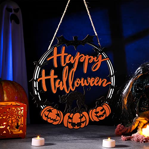 Bucherry Black Cat Pumpkin Hanging Sign Happy Halloween Front Door Welcome Sign Wall Decor Wall Plaque for Halloween Party
