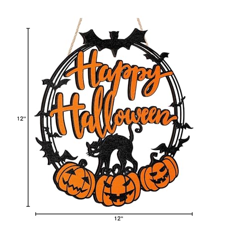 Bucherry Black Cat Pumpkin Hanging Sign Happy Halloween Front Door Welcome Sign Wall Decor Wall Plaque for Halloween Party
