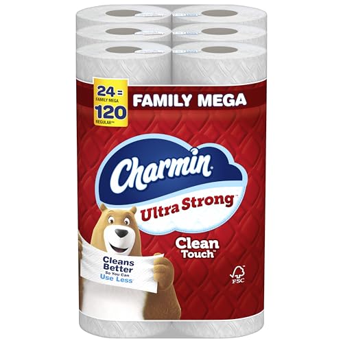 Charmin Toilet Paper Ultra Strong Clean Touch, 24 Family Mega Rolls = 120 Regular Rolls (Packaging May Vary), Bulk Toilet Paper, Household Essentials