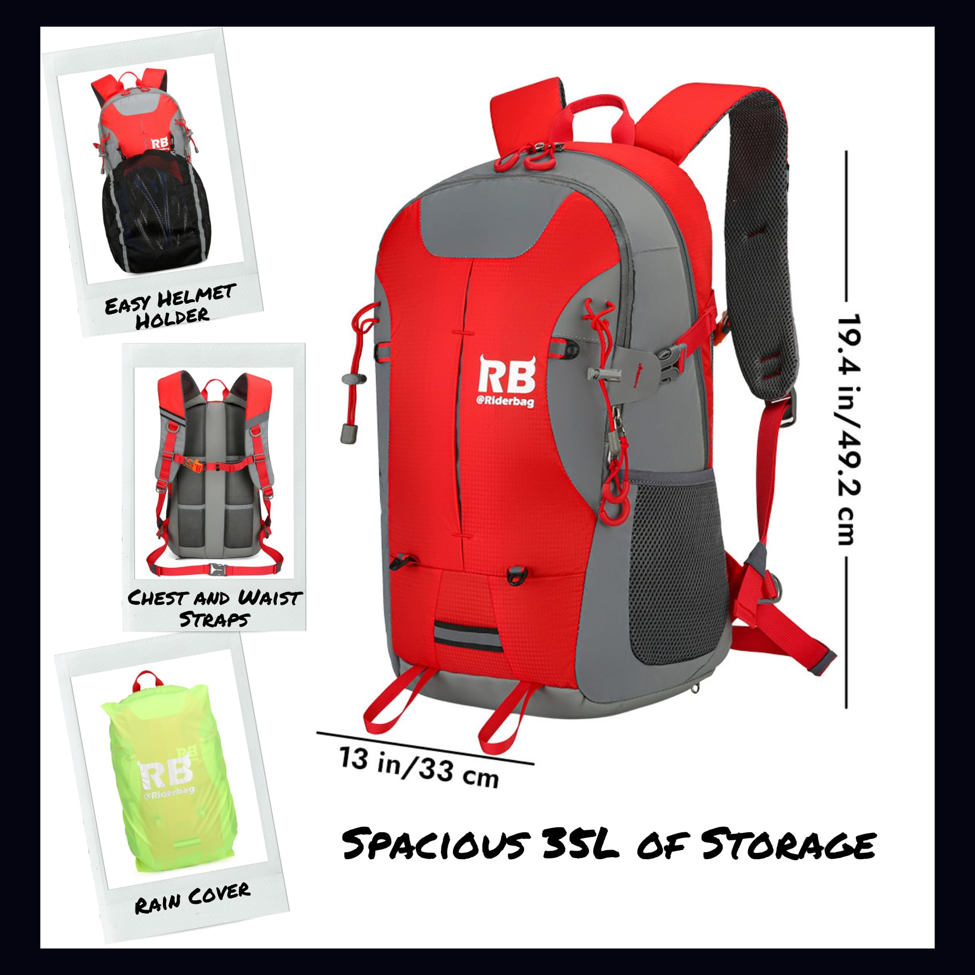 riderbag Reflective Motorcycle Backpack 35L, Lightweight Water-Resistant Daypack with Laptop Pocket for Commuting, Biking, and Daily Use β Red
