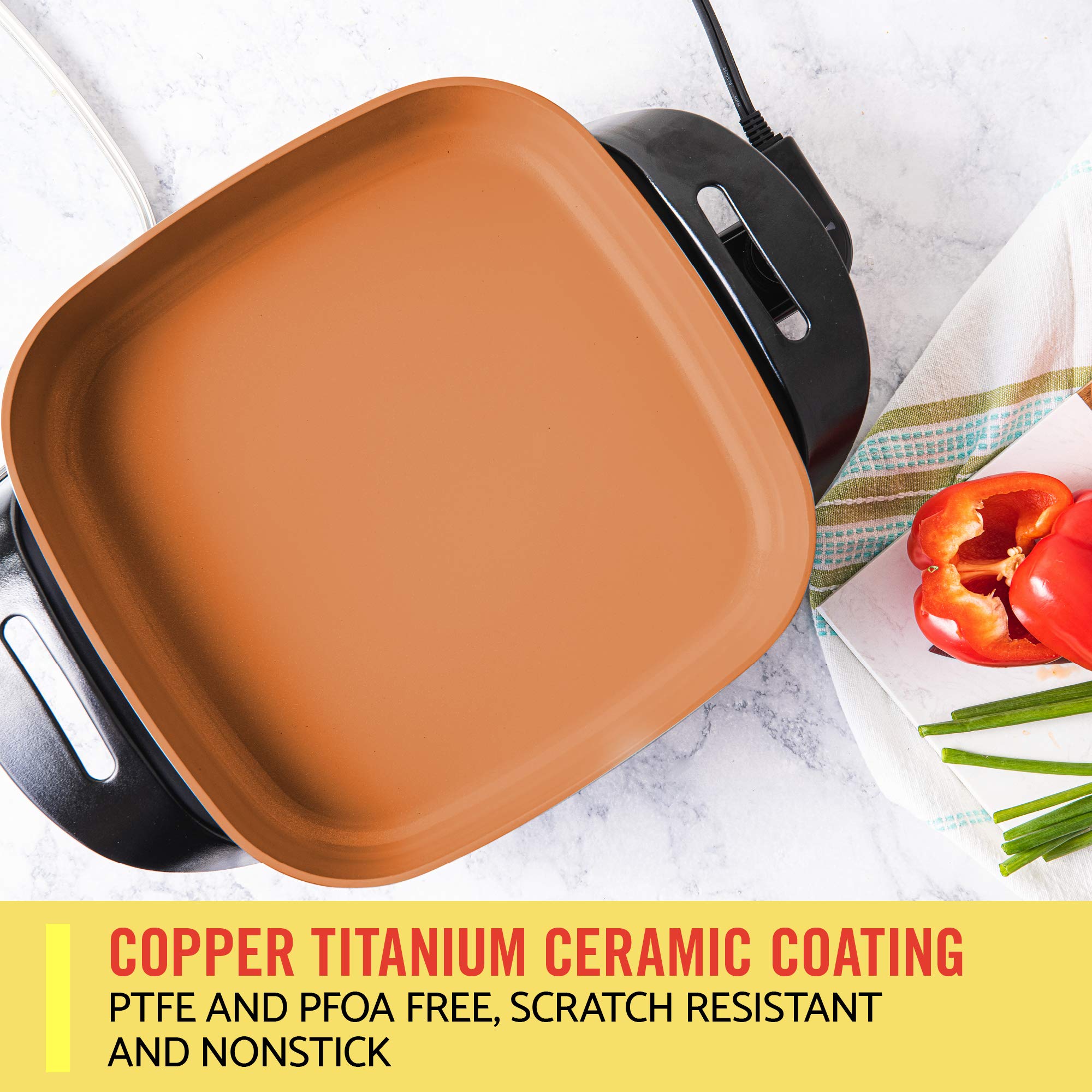 BELLA Electric Skillet, Frying Pan, Griddle and Warming Tray Bundle - Nonstick Copper Titanium Coating, Adjustable Temperature, Dishwasher Safe
