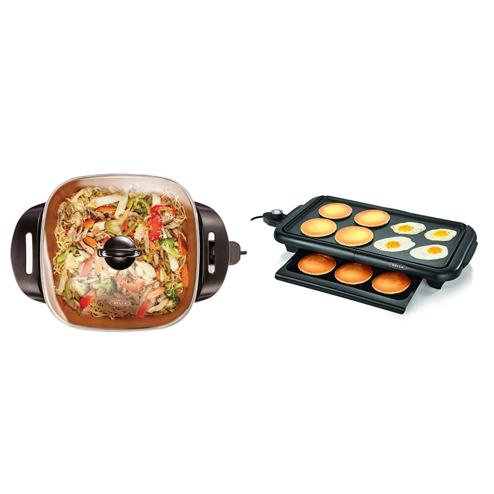 BELLA Electric Skillet, Frying Pan, Griddle and Warming Tray Bundle - Nonstick Copper Titanium Coating, Adjustable Temperature, Dishwasher Safe