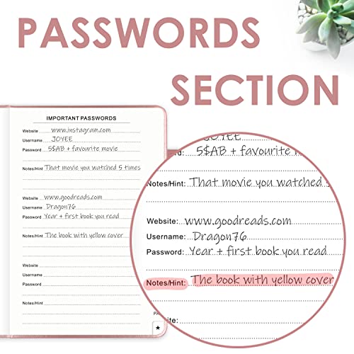 JXSELECT Elegant Address Book with Alphabetical Tabs, Hardcover Address Log Book & Password Keeper, with Contacts, Phone Numbers, Birthdays, Anniversaries and Notes Section (5.2x7.7") (Rose Gold)