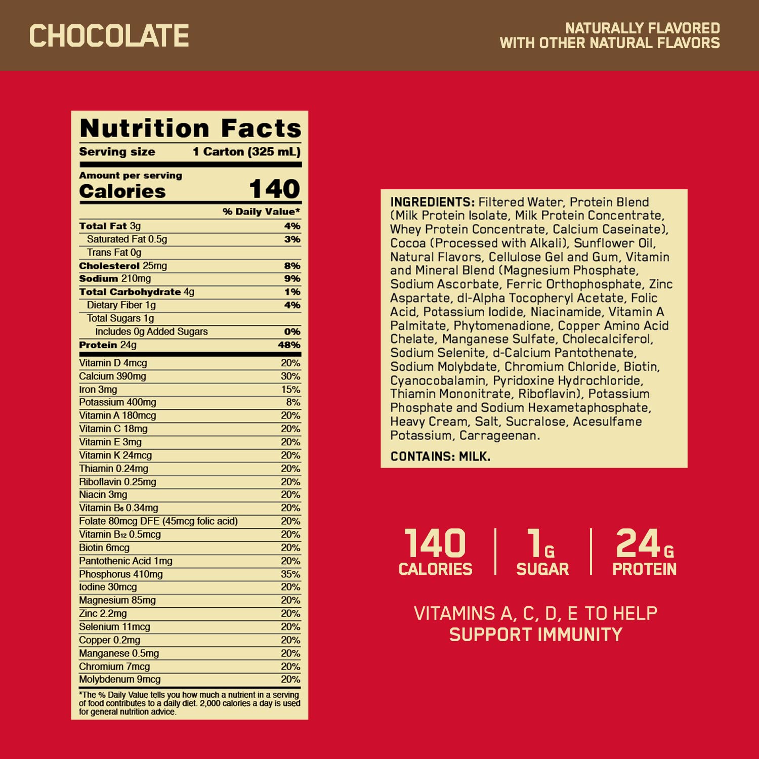 Optimum Nutrition Gold Standard Protein Shake, 24g Protein, Ready to Drink Protein Shake, Gluten Free, Vitamin C for Immune Support, Chocolate, 11 Fl Oz, Pack of 4 (Packaging May Vary)