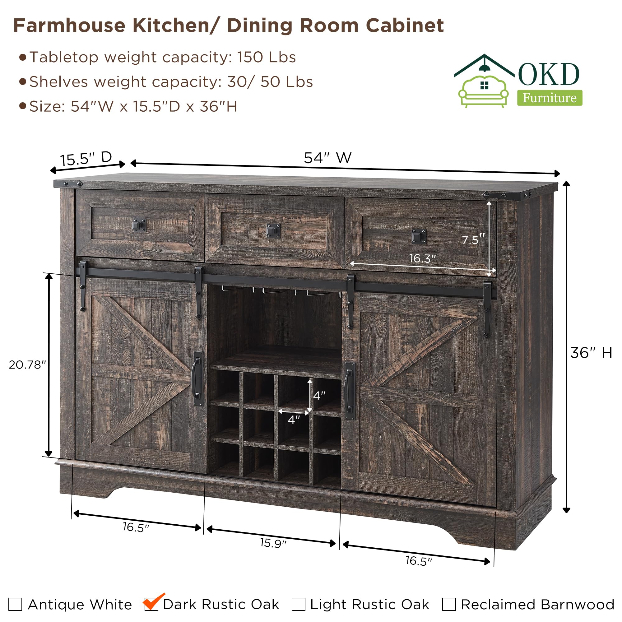 OKD Farmhouse Wine Bar Cabinet w/Sliding Barn Door, 54" Kitchen Coffee Bar Cabinet w/Wine & Glass Rack, Storage Shelves, 3 Drawers, Rustic Large Buffet Sideboard for Dining Room, Dark Rustic Oak