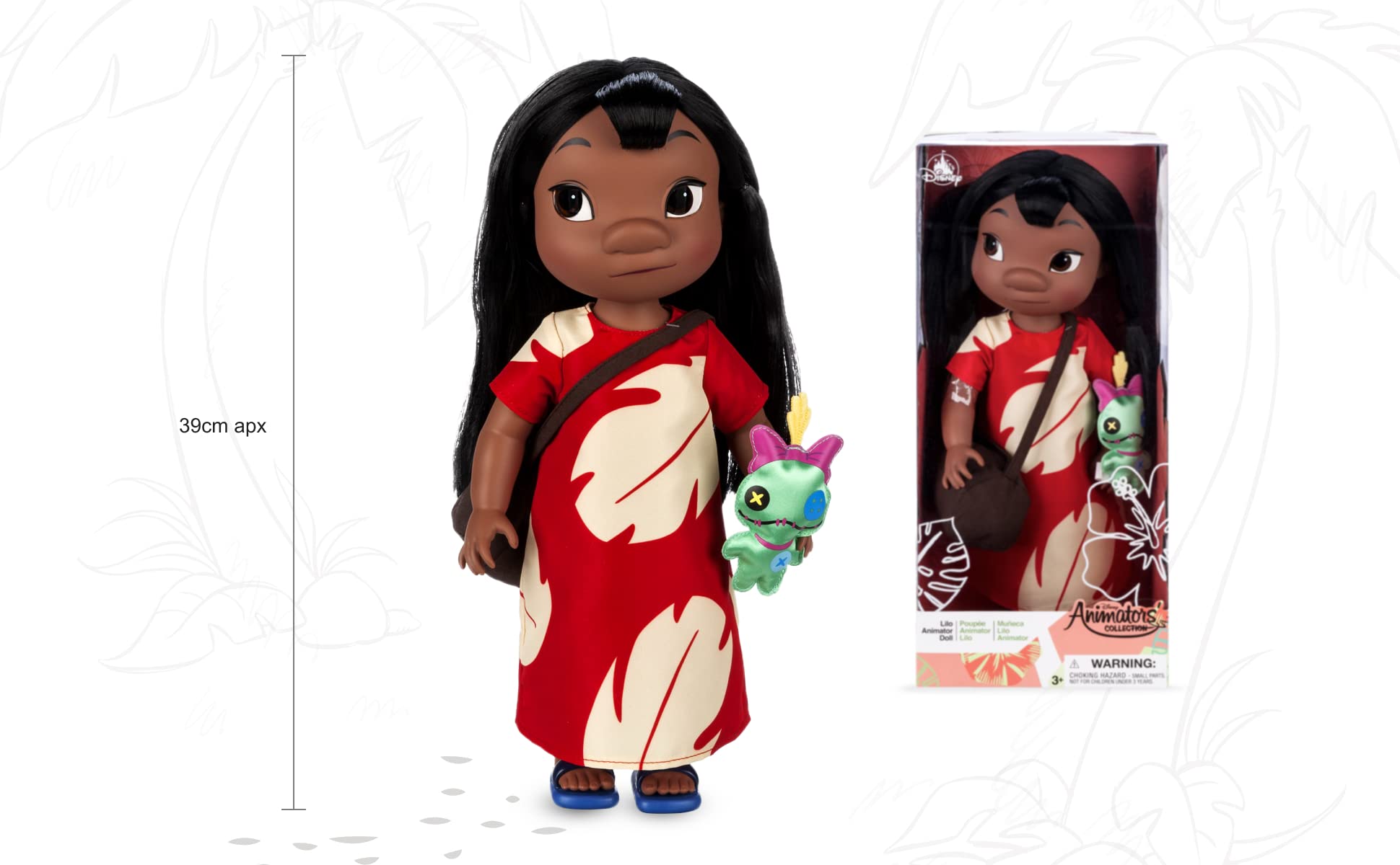 Disney Animators' Collection Lilo Doll β Lilo & Stitch β 16 Inches - Scrump with Molded Details, Fully Posable Toy in Satin Dress - Suitable for Ages 3+ Toy Figure