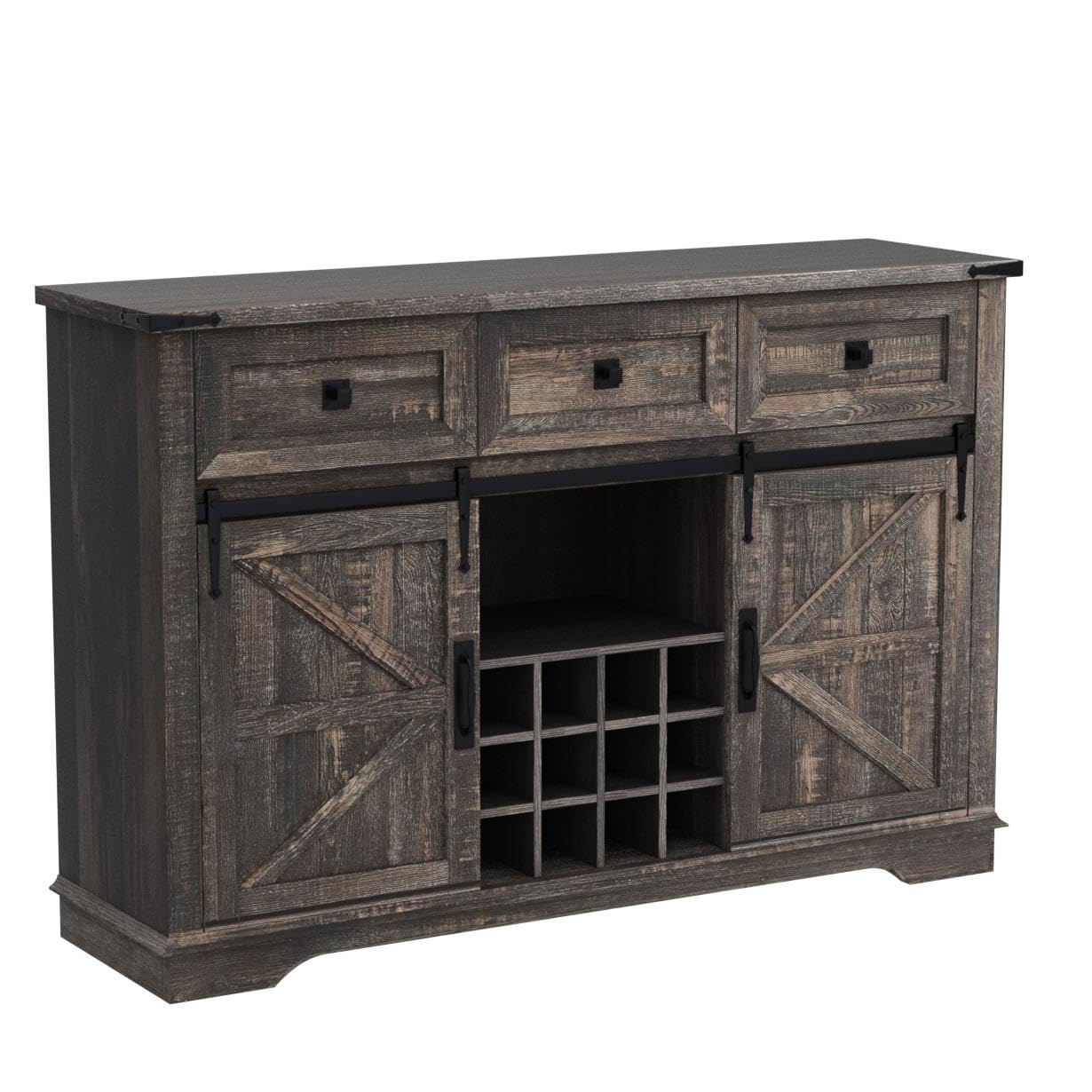 OKD Farmhouse Wine Bar Cabinet w/Sliding Barn Door, 54" Kitchen Coffee Bar Cabinet w/Wine & Glass Rack, Storage Shelves, 3 Drawers, Rustic Large Buffet Sideboard for Dining Room, Dark Rustic Oak