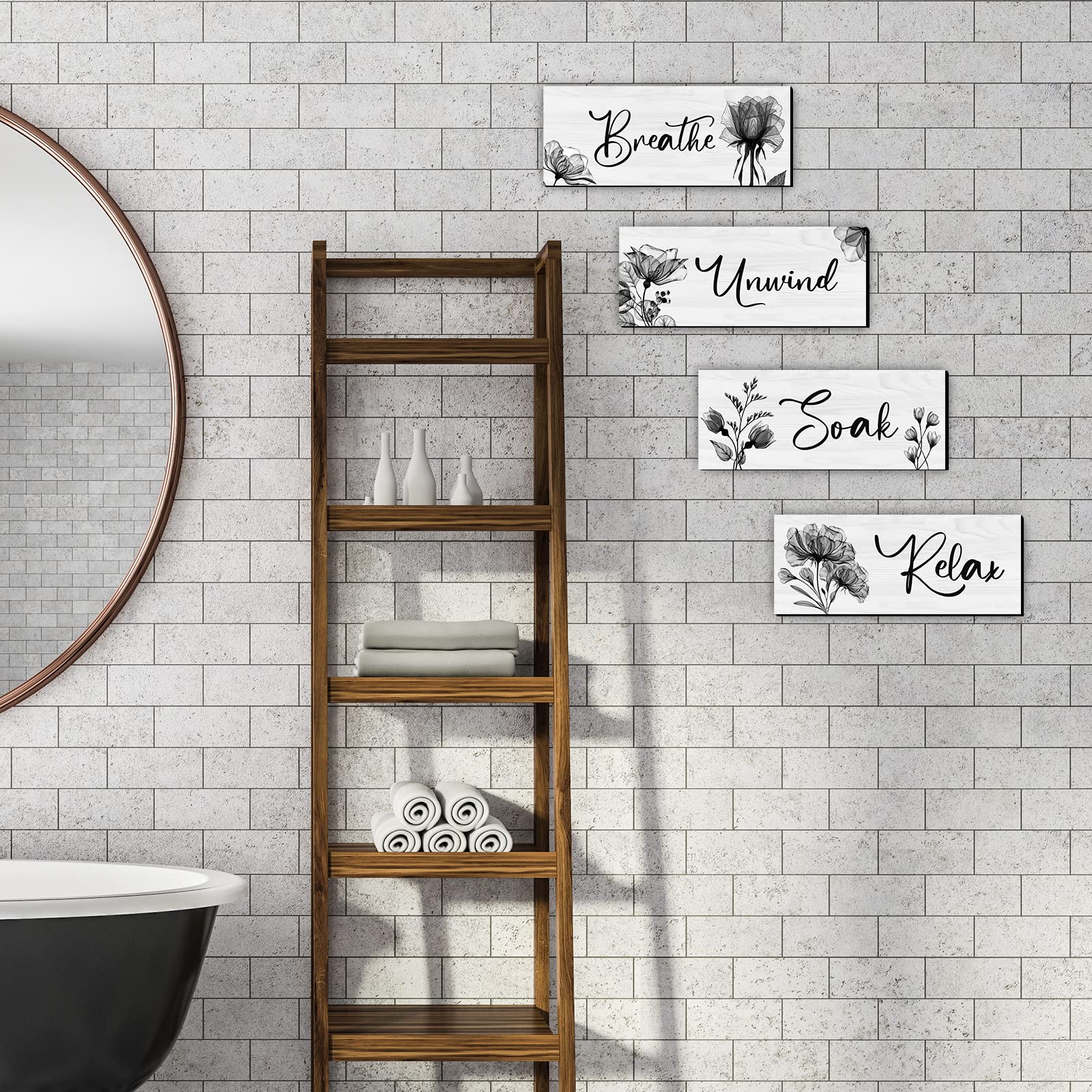 4 Pieces Bathroom Wall Art Rustic Farmhouse Decor Sign Relax Soak Unwind Breathe Wood Hanging Sign for Home Spa Bathroom Laundry Decor