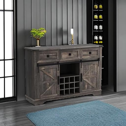 OKD Farmhouse Wine Bar Cabinet w/Sliding Barn Door, 54" Kitchen Coffee Bar Cabinet w/Wine & Glass Rack, Storage Shelves, 3 Drawers, Rustic Large Buffet Sideboard for Dining Room, Dark Rustic Oak