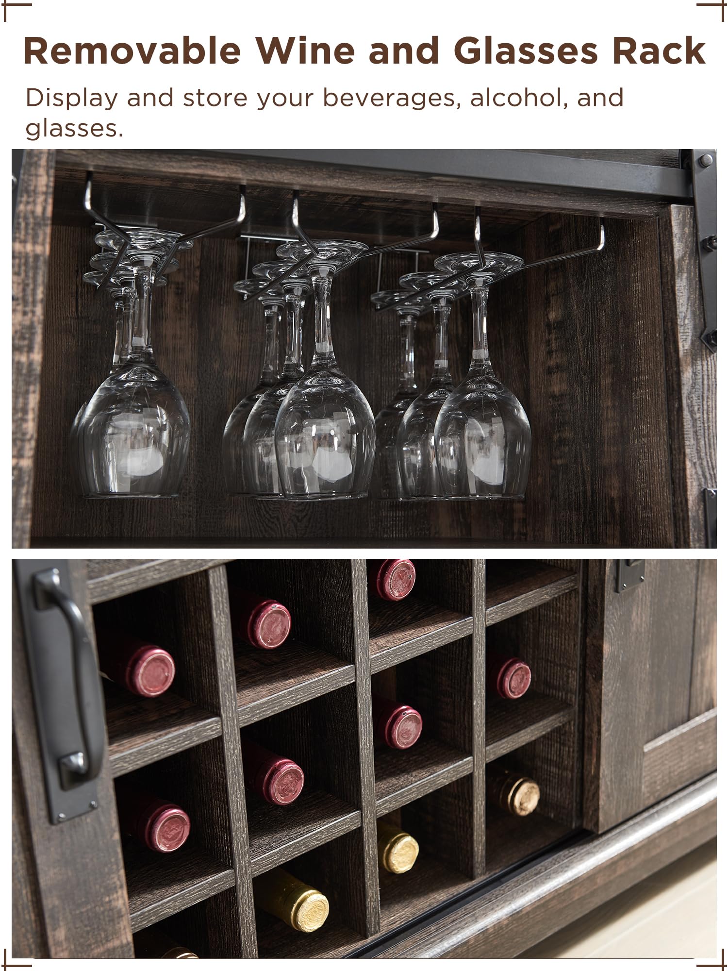 OKD Farmhouse Wine Bar Cabinet w/Sliding Barn Door, 54" Kitchen Coffee Bar Cabinet w/Wine & Glass Rack, Storage Shelves, 3 Drawers, Rustic Large Buffet Sideboard for Dining Room, Dark Rustic Oak