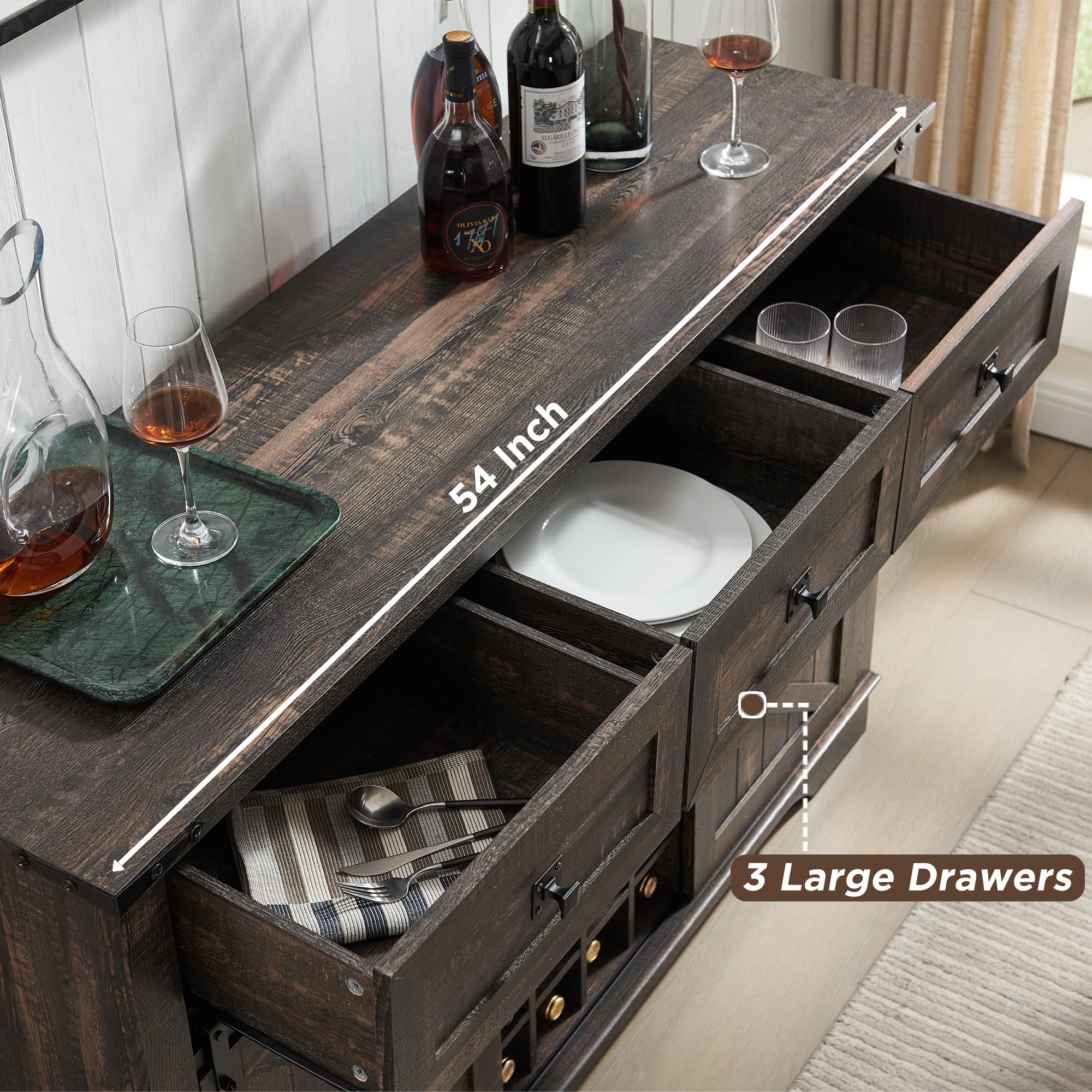 OKD Farmhouse Wine Bar Cabinet w/Sliding Barn Door, 54" Kitchen Coffee Bar Cabinet w/Wine & Glass Rack, Storage Shelves, 3 Drawers, Rustic Large Buffet Sideboard for Dining Room, Dark Rustic Oak