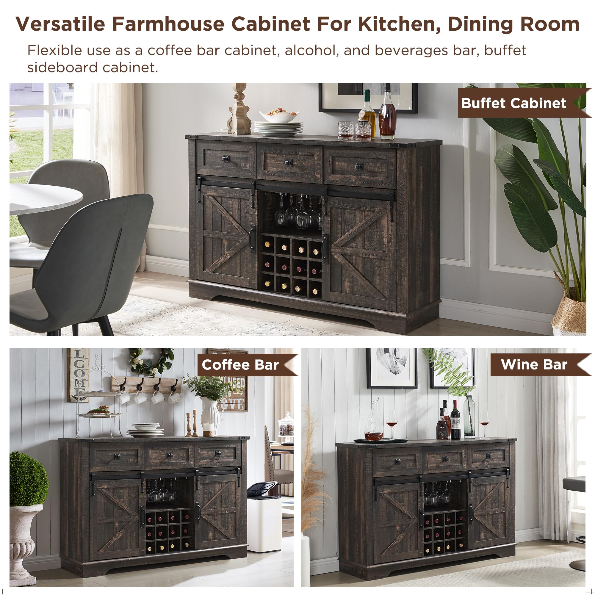 OKD Farmhouse Wine Bar Cabinet w/Sliding Barn Door, 54" Kitchen Coffee Bar Cabinet w/Wine & Glass Rack, Storage Shelves, 3 Drawers, Rustic Large Buffet Sideboard for Dining Room, Dark Rustic Oak