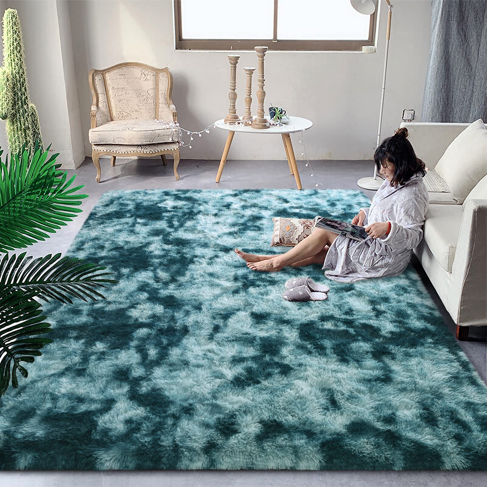 DweIke Fluffy Modern Area Rugs for Living Room Bedroom, 3x5 ft Plush High Pile Rug for Kids Girls Room Nursery Home Decor, Upgrade Non-Slip Girls Bedroom Soft Indoor Rug, Tie-Dyed Peacock Blue