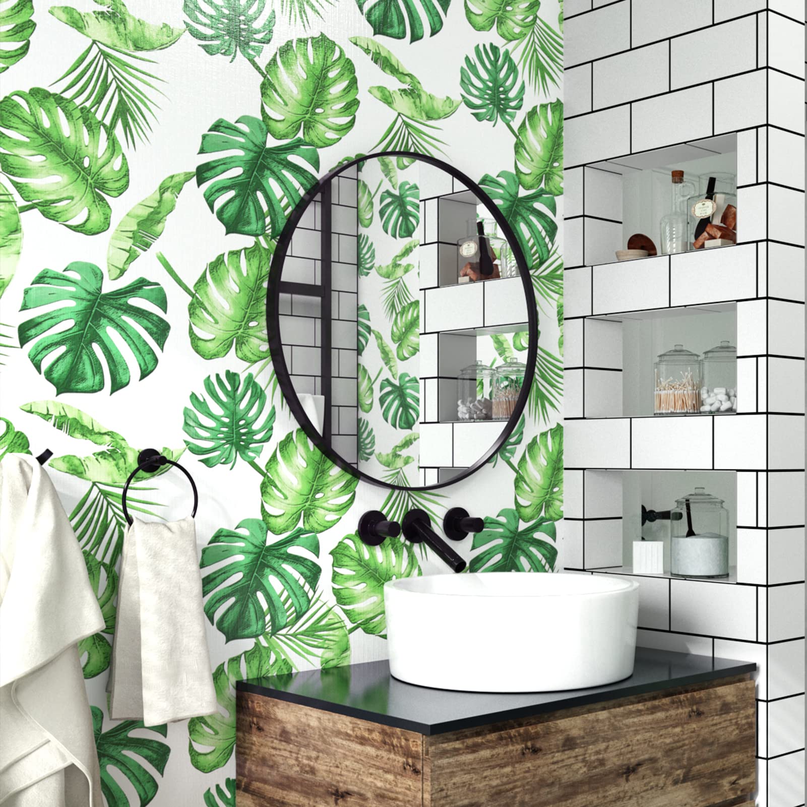WESTICK Tropical Wallpaper Peel and Stick Modern Green Leaf Wallpapers Bathroom Waterproof Botanical Wall Paper Jungle Wallpaper Tropical Green Contact Paper for Cabinets Removable Vinyl 17.7" x 118"