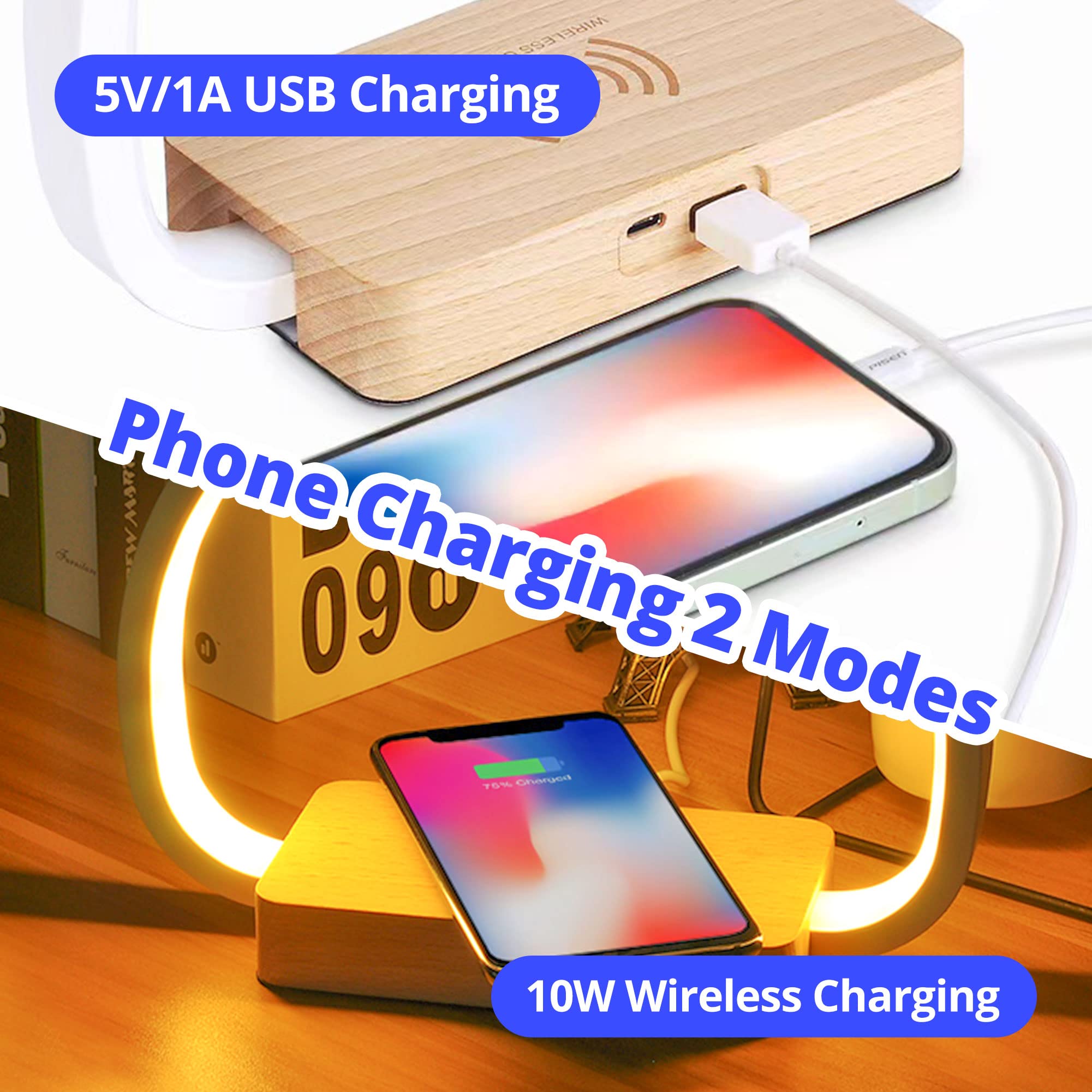 Sparkling Wonderful Bedside Table Lamp with Qi Wireless Charging & USB Port, Touch Control Desk Lamp with 3 Color Modes, Night Light Eye-Caring Reading Lamp for Bedroom, Dorm, Office