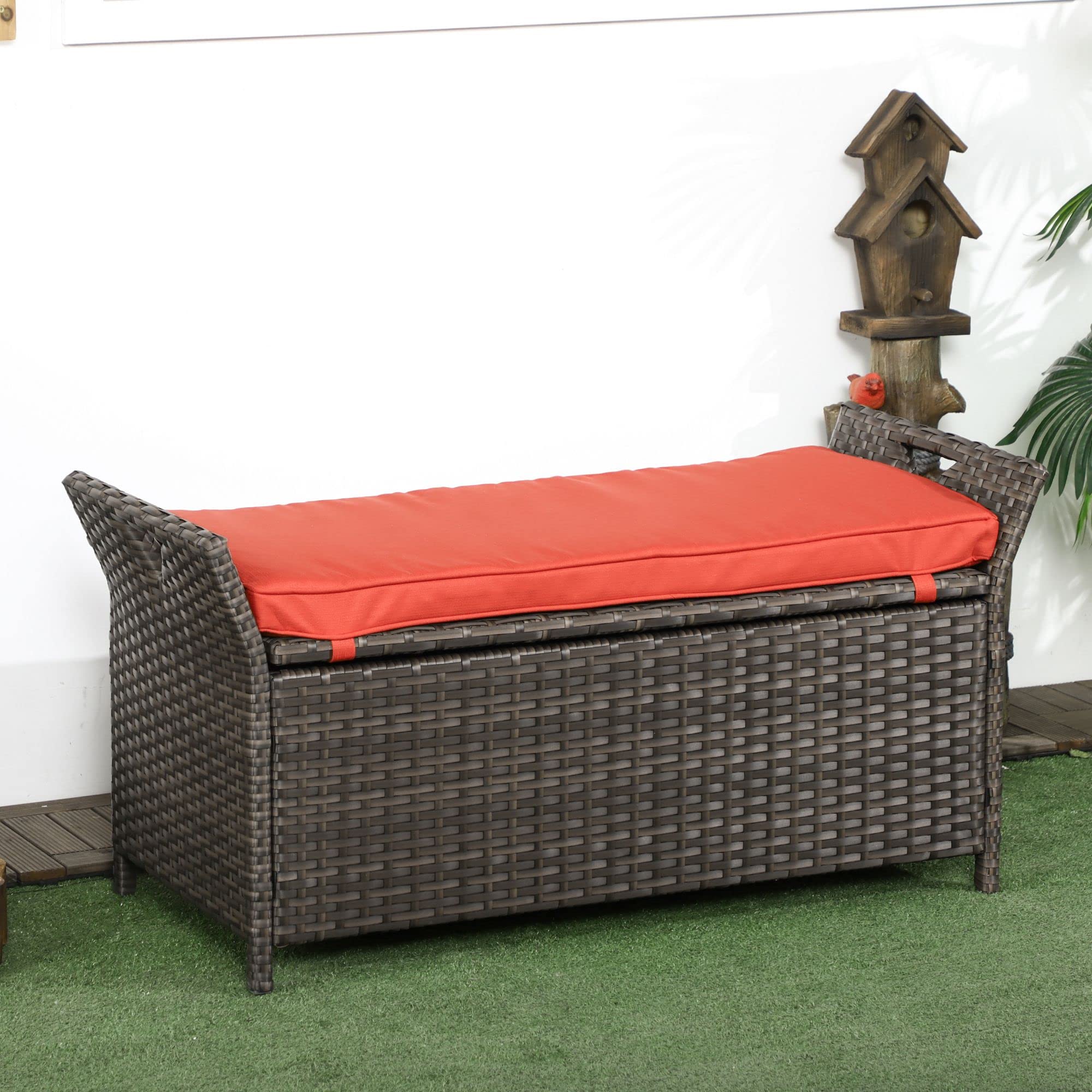 Outsunny 27 Gallon Patio Wicker Storage Bench, Outdoor PE Rattan Patio Furniture, 2-in-1 Large Capacity Rectangle Garden Storage Box with Handles and Cushion, Red