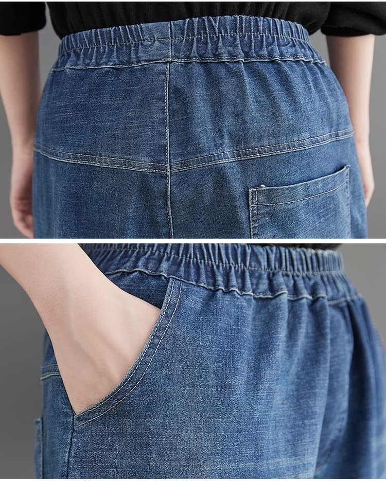LAI MENG FIVE CATS Women Loose Jeans Denim Harem Pants with Elastic Waist with Pocket