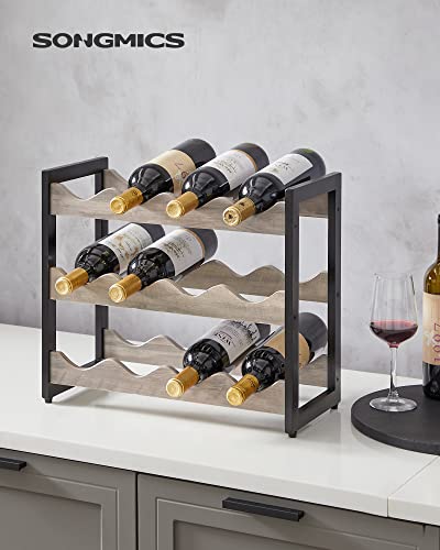 SONGMICS Wine Rack, 3 Tier Tabletop Wine Water Bottle Organizer Storage, Large Capacity Holds 12 Bottles, Bamboo Countertop Wine Holder Shelf for Kitchen Bar Cabinets Pantry, Greige and Black