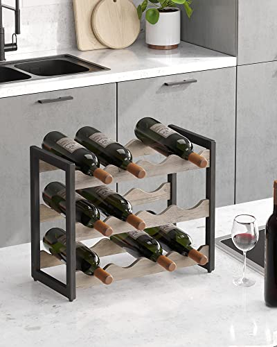 SONGMICS Wine Rack, 3 Tier Tabletop Wine Water Bottle Organizer Storage, Large Capacity Holds 12 Bottles, Bamboo Countertop Wine Holder Shelf for Kitchen Bar Cabinets Pantry, Greige and Black