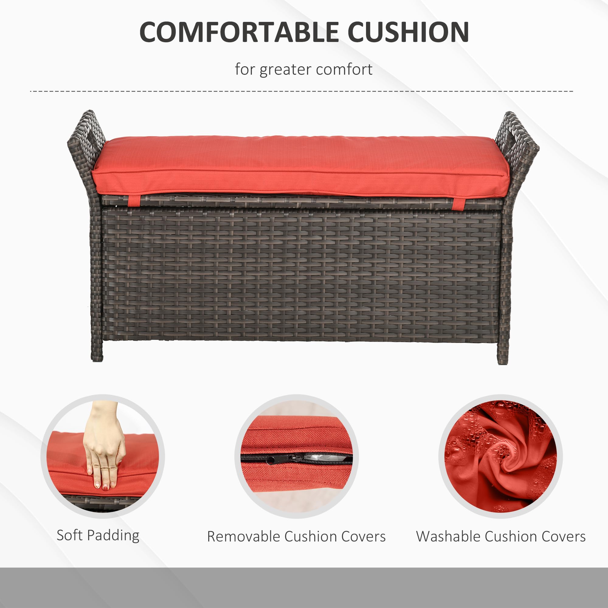 Outsunny 27 Gallon Patio Wicker Storage Bench, Outdoor PE Rattan Patio Furniture, 2-in-1 Large Capacity Rectangle Garden Storage Box with Handles and Cushion, Red