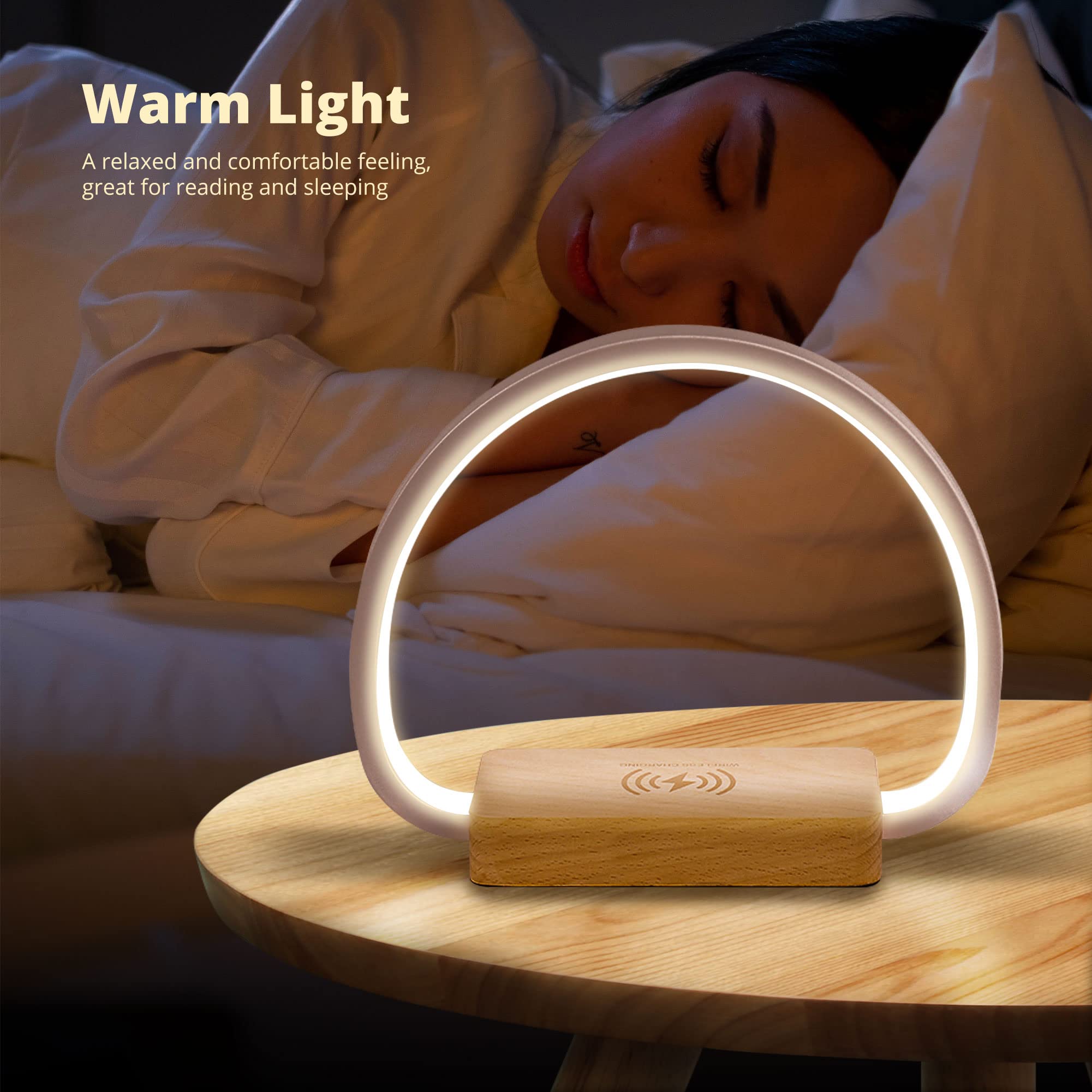 Sparkling Wonderful Bedside Table Lamp with Qi Wireless Charging & USB Port, Touch Control Desk Lamp with 3 Color Modes, Night Light Eye-Caring Reading Lamp for Bedroom, Dorm, Office