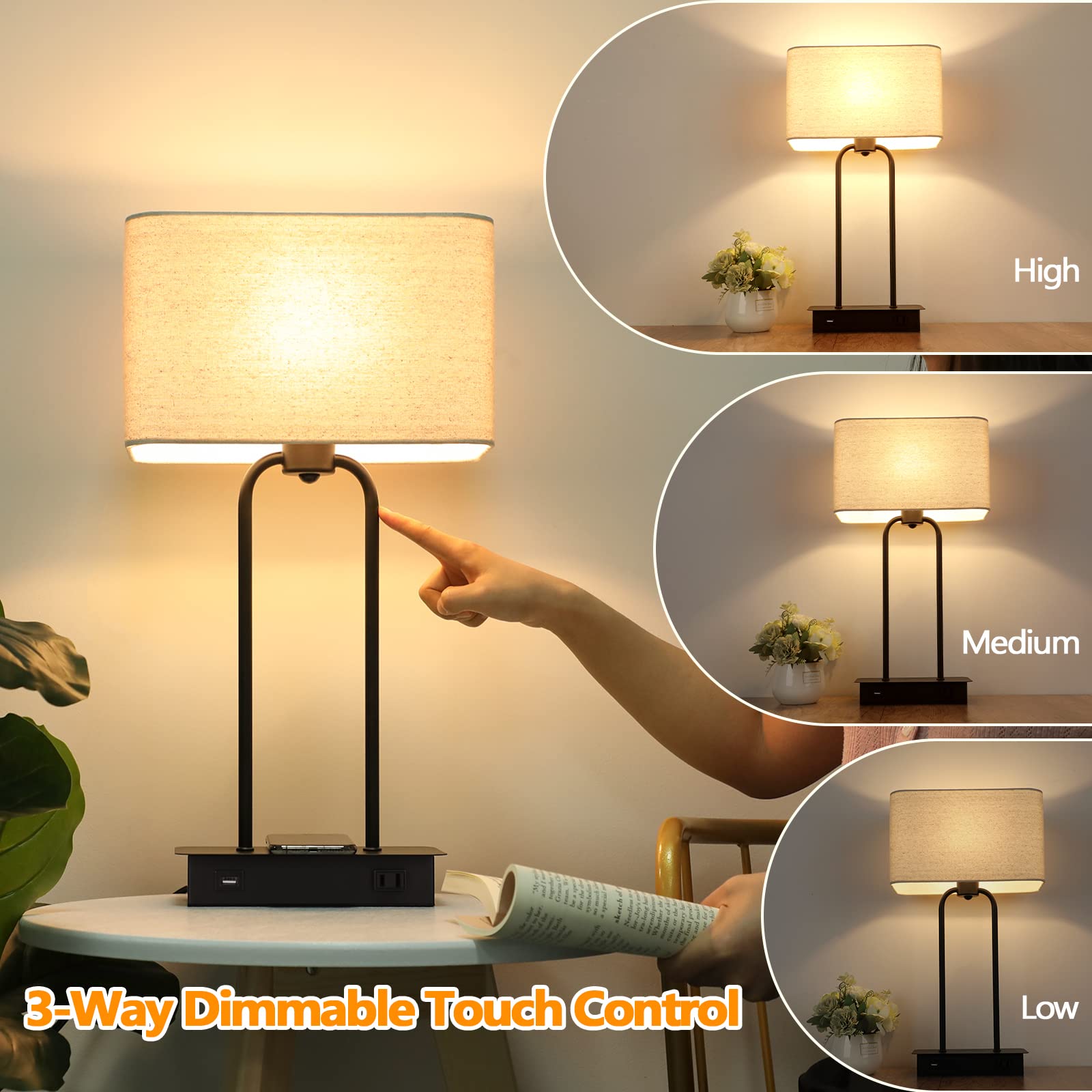 Set of 2 Wireless Charging Touch Control 3-Way Dimmable Table Lamps, Beside Nightstand Lamps for Bedroom with USB Port & AC Outlet, Living Room Office End Table Modern Black Lamps, LED Bulbs Included