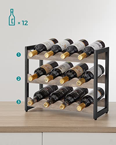 SONGMICS Wine Rack, 3 Tier Tabletop Wine Water Bottle Organizer Storage, Large Capacity Holds 12 Bottles, Bamboo Countertop Wine Holder Shelf for Kitchen Bar Cabinets Pantry, Greige and Black