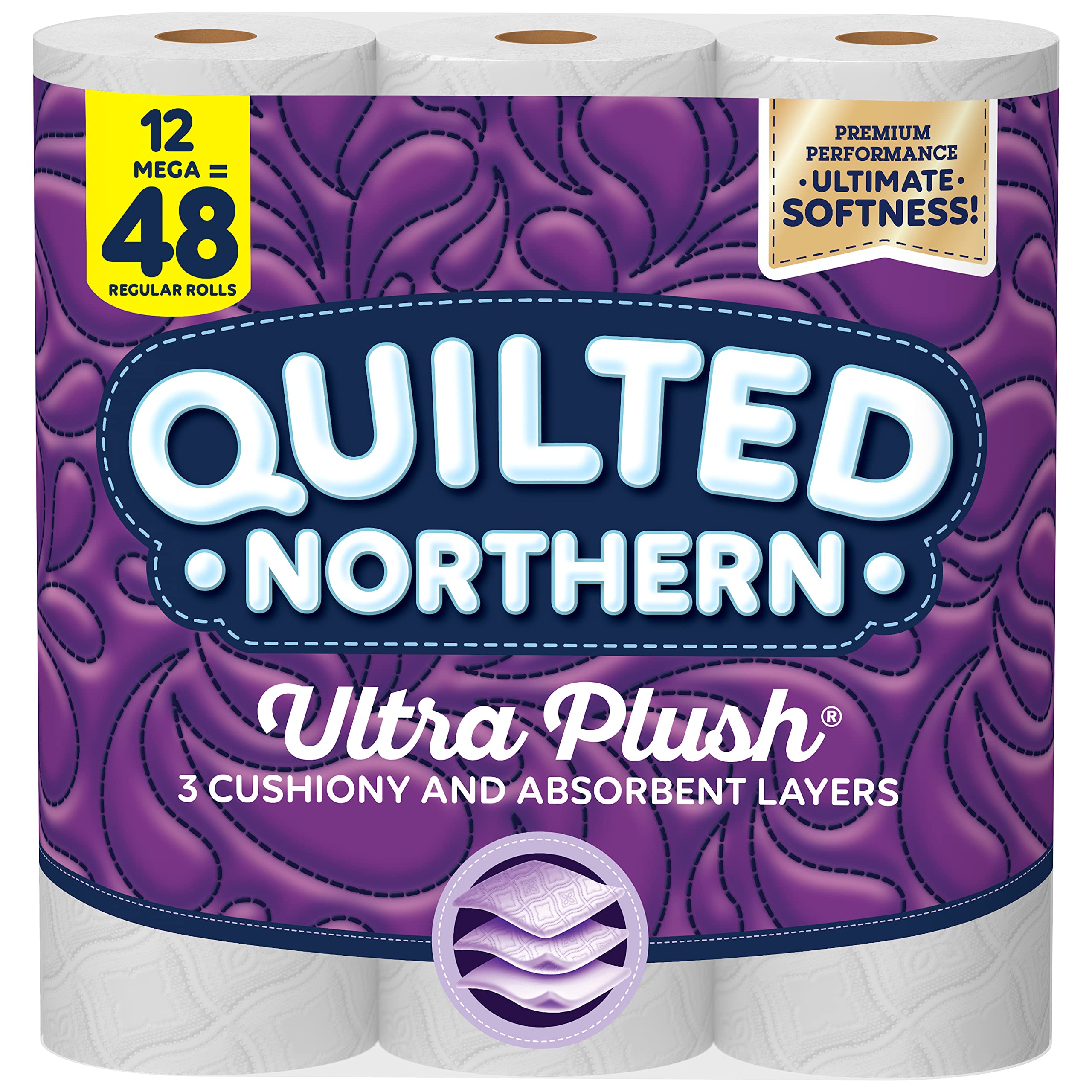 Quilted Northern Ultra PlushĀ® Toilet Paper, 12 Mega Rolls = 48 Regular Rolls, 3-ply Bath Tissue