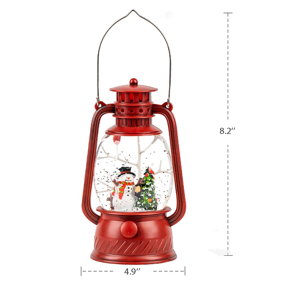 TIJNN Christmas Snow Globe Lantern 9", Battery Operated Lighted Swirling Glitter Lantern with Timer for Christmas Home Decoration, Snowman (red