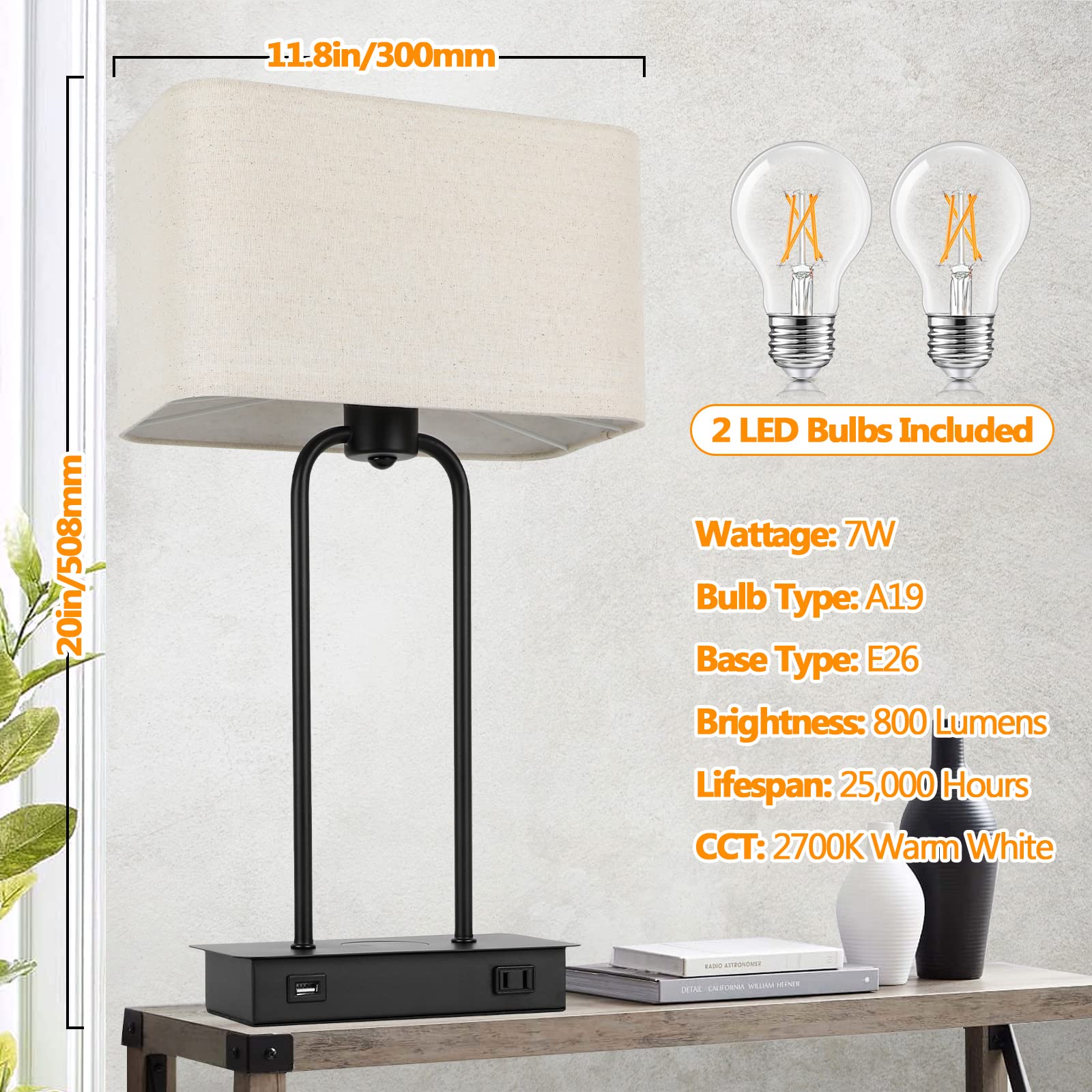 Set of 2 Wireless Charging Touch Control 3-Way Dimmable Table Lamps, Beside Nightstand Lamps for Bedroom with USB Port & AC Outlet, Living Room Office End Table Modern Black Lamps, LED Bulbs Included