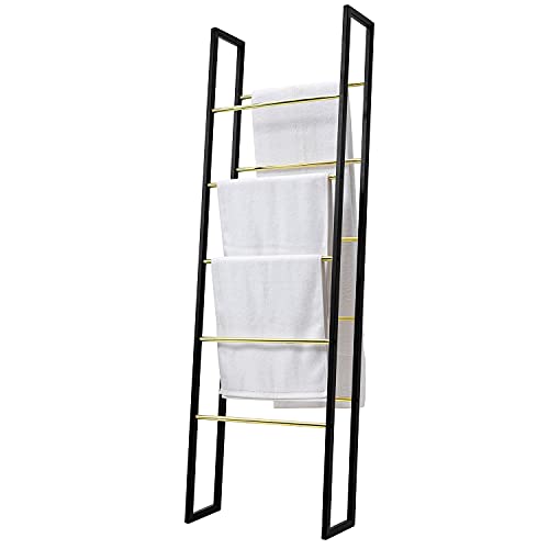 MyGift Art Deco Style Towel Ladder Rack Modern Black and Gold Tone Metal Wall Leaning Decorative Blanket Hanger Holder