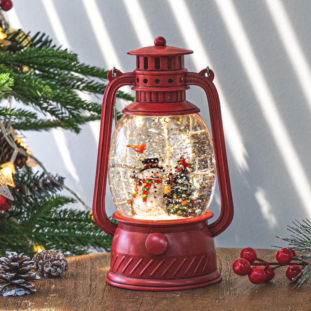 TIJNN Christmas Snow Globe Lantern 9", Battery Operated Lighted Swirling Glitter Lantern with Timer for Christmas Home Decoration, Snowman (red
