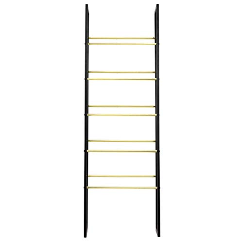 MyGift Art Deco Style Towel Ladder Rack Modern Black and Gold Tone Metal Wall Leaning Decorative Blanket Hanger Holder