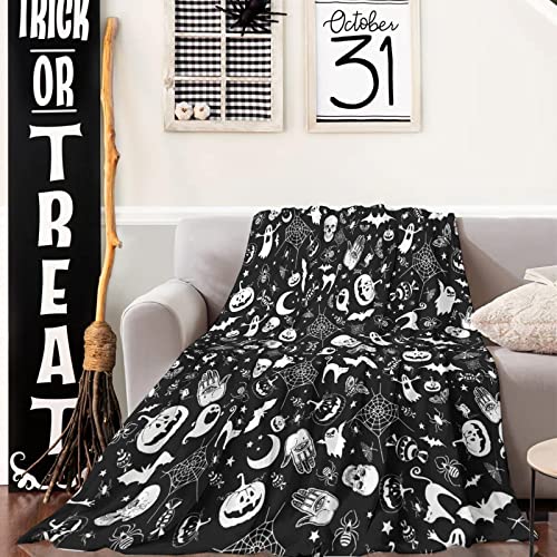 Black Halloween Blanket Witchy Blanket Hallloween Throw Blanket Pumpkin Skull bat Ghost Blanket Hallloween Gifts Soft Fuzzy Fleece Blanket for Sofa Bed Couch Chair Dorm 60"X50"