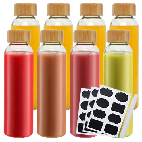 Encheng 16oz Glass Bottle with Lid,Glass Beverage Bottles with Bamboo Lids Set of 8,Reusable Drinking Bottles with Leak proof Cap 500ml,Glass Bottles for Juicing,to Go Travel Bottles for Drink,Sauce