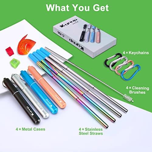 Kynup Reusable Straws, 4Pack Collapsible Portable Foldable Metal Straw Stainless Steel Drinking Travel Telescopic Straw with Case, Cleaning Brushes, Keychain Gifts (Blue-Black- Rose Gold-Silver)