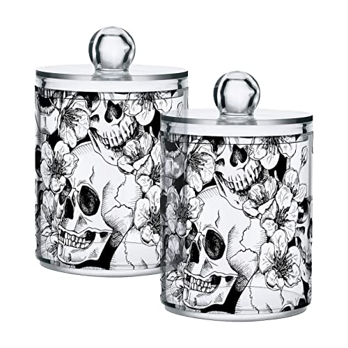 xigua 2 Pack Skull and Flowers Pattern Apothecary Jars with Lid, Qtip Holder Storage Containers for Cotton Ball, Swabs, Pads, Clear Plastic Canisters for Bathroom Vanity Organization (10 Oz)