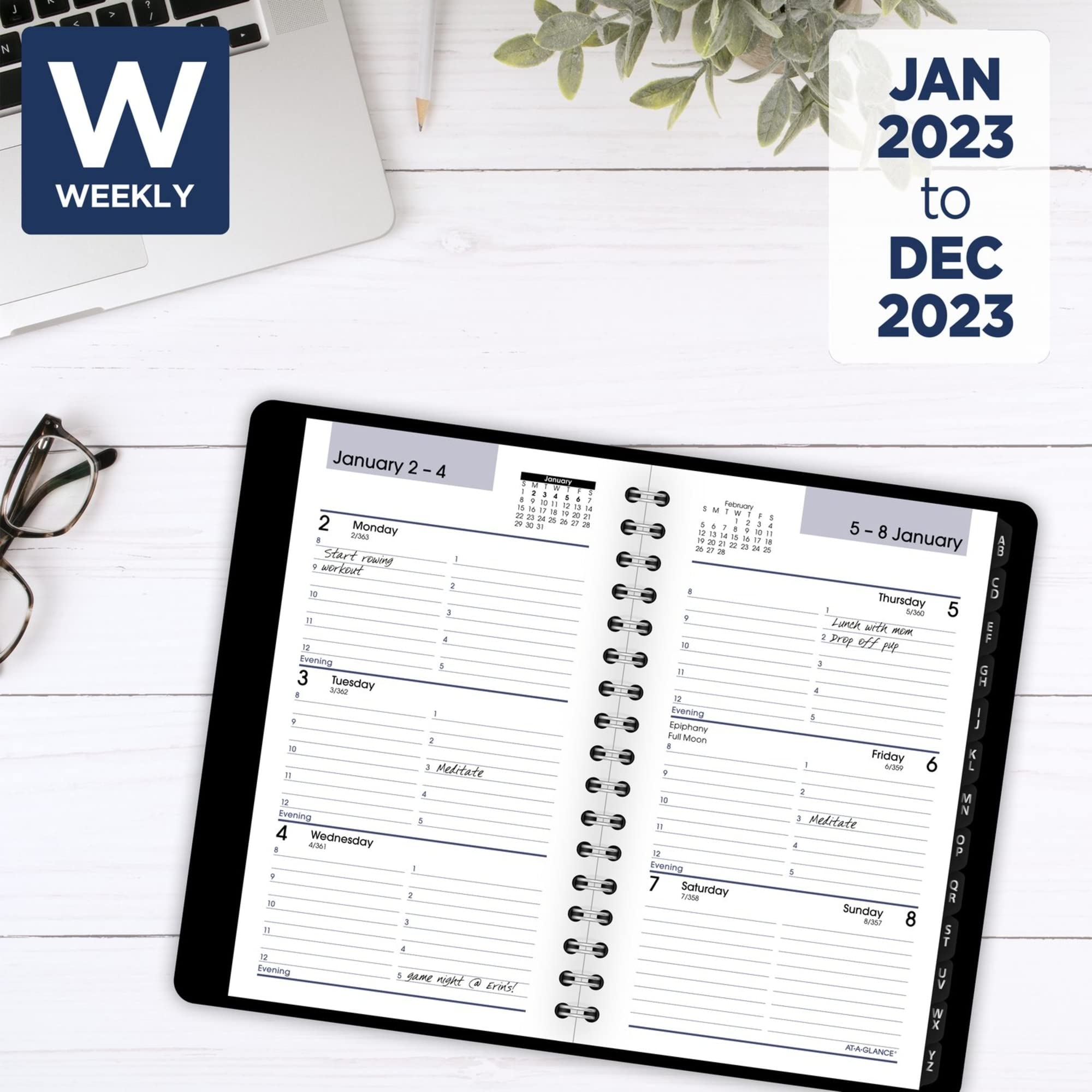 AT-A-GLANCE 2023 Weekly Planner, DayMinder, Hourly Appointment Book, 3-1/2 x 6", Pocket Size, Tabbed Telephone/Address Pages, Texture Cover, Black (G25000)