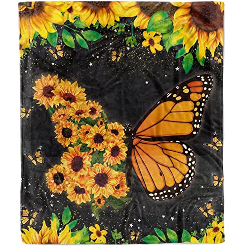Throw Blanket Sunflower Butterfly Flannel Fleece Blanket, Comfy Throw Blanket Lightweight Sunflower Butterfly Blanket for Bed, Soft Fluffy Blanket for Aldults Women Men Valentines Day- 60x50 Inches