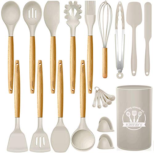 Kinfayv Silicone Cooking Utensils Kitchen Utensil Set, 21 PCS Wooden Handle Nontoxic BPA Free Silicone Spoon Spatula Turner Tongs Kitchen Gadgets Utensil Set for Nonstick Cookware with Holder (Khaki)