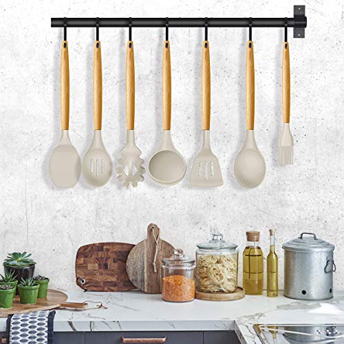 Kinfayv Silicone Cooking Utensils Kitchen Utensil Set, 21 PCS Wooden Handle Nontoxic BPA Free Silicone Spoon Spatula Turner Tongs Kitchen Gadgets Utensil Set for Nonstick Cookware with Holder (Khaki)